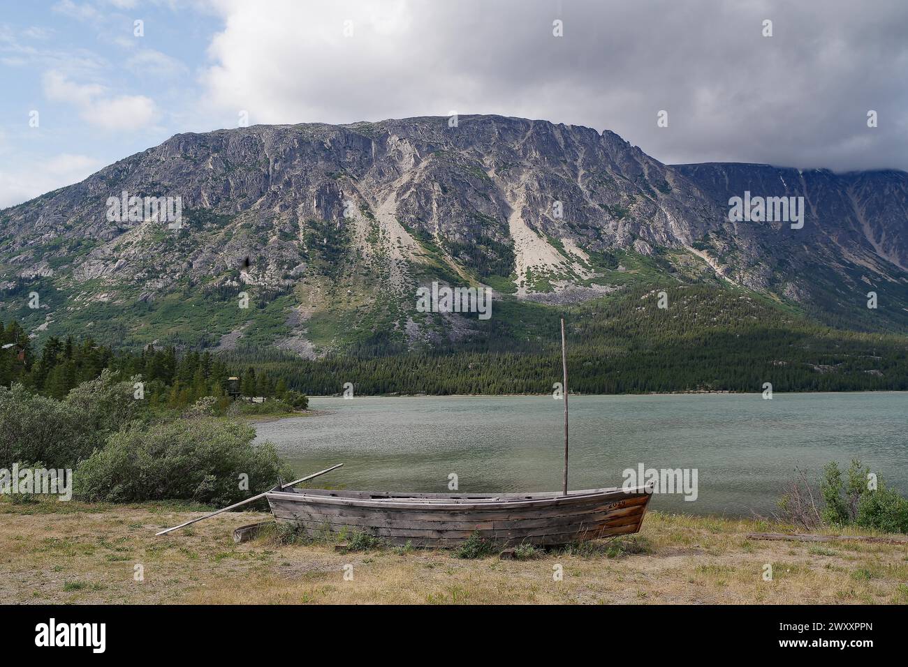 Old boat on the shore of Bennett Lake, Chilkoot Trail, Gold Rush, Yukon ...