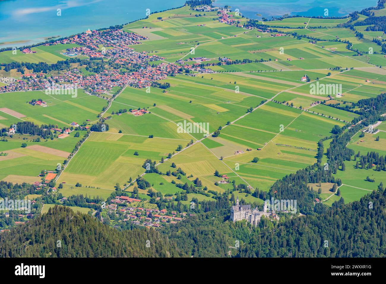 Panorama from Saeuling, 2047m, on Neuschwanstein Castle, Ostallgaeu ...