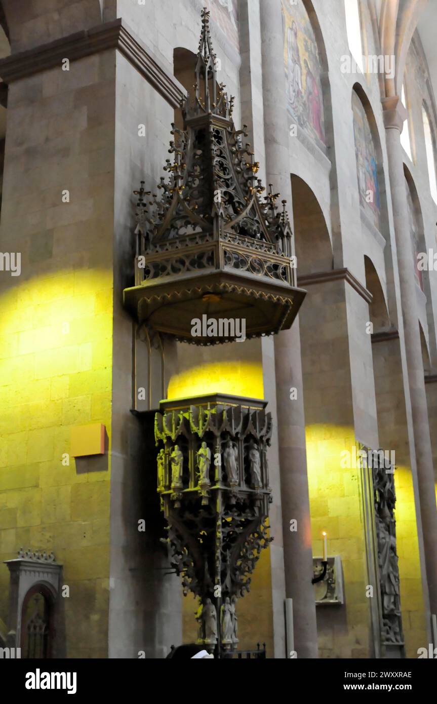 The High Cathedral of Mainz, Elaborately carved Gothic pulpit inside a ...