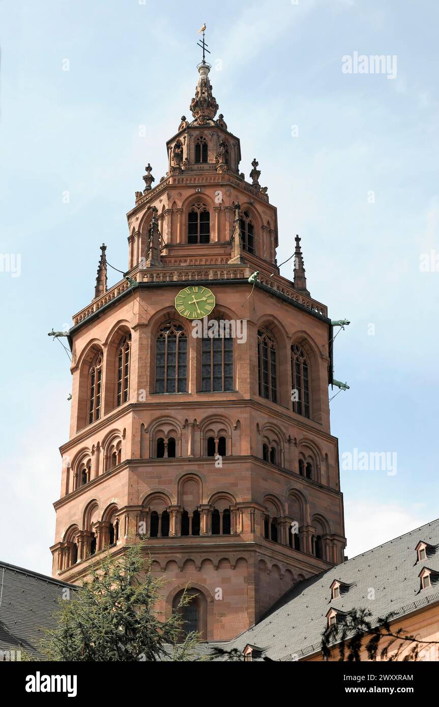 The High Cathedral of Mainz, Historic Gothic tower with clock on a ...