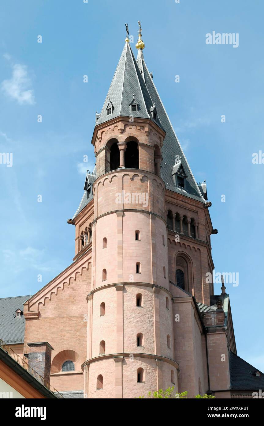 The High Cathedral of Mainz, tower of a church with a conical pointed ...