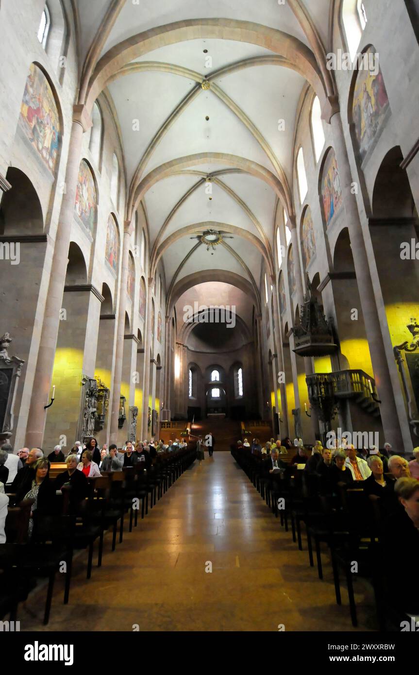 The High Cathedral of Mainz, interior of a church during a service with ...