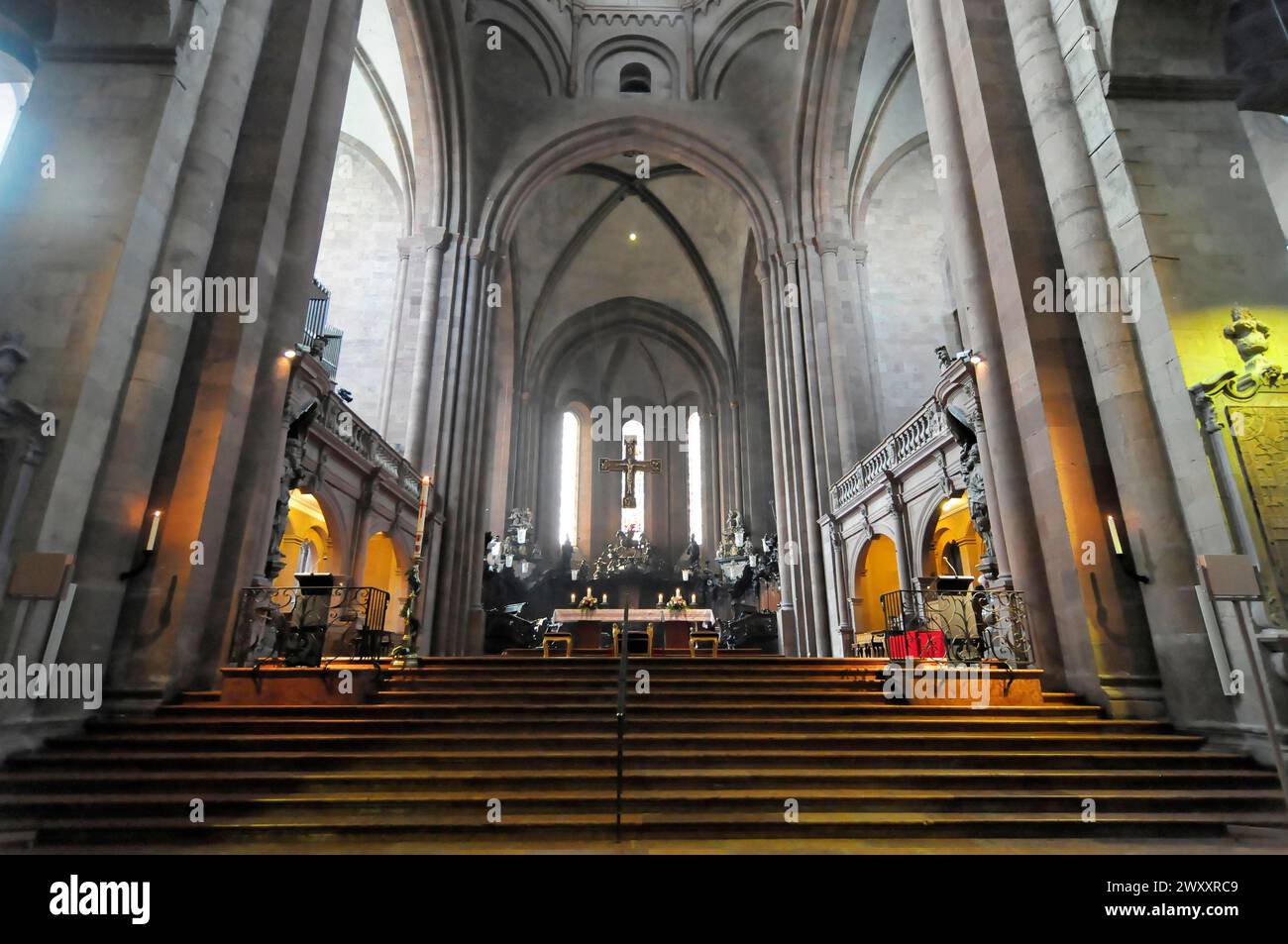 The High Cathedral of Mainz, wide-angle shot of a Gothic church ...