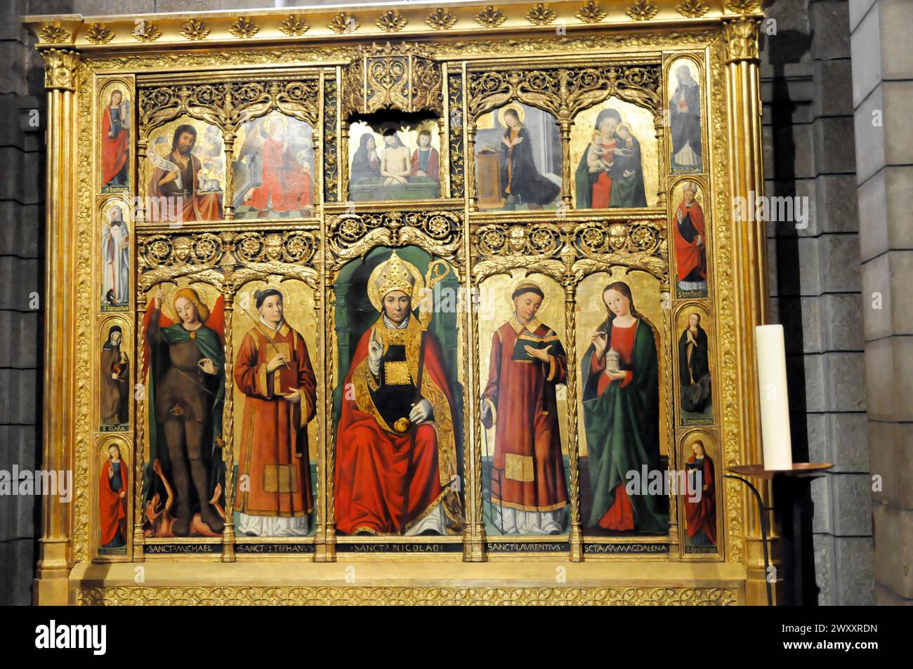 Cathedral, Monte Carlo, Principality of Monaco, An altarpiece with paintings of saints in a ...