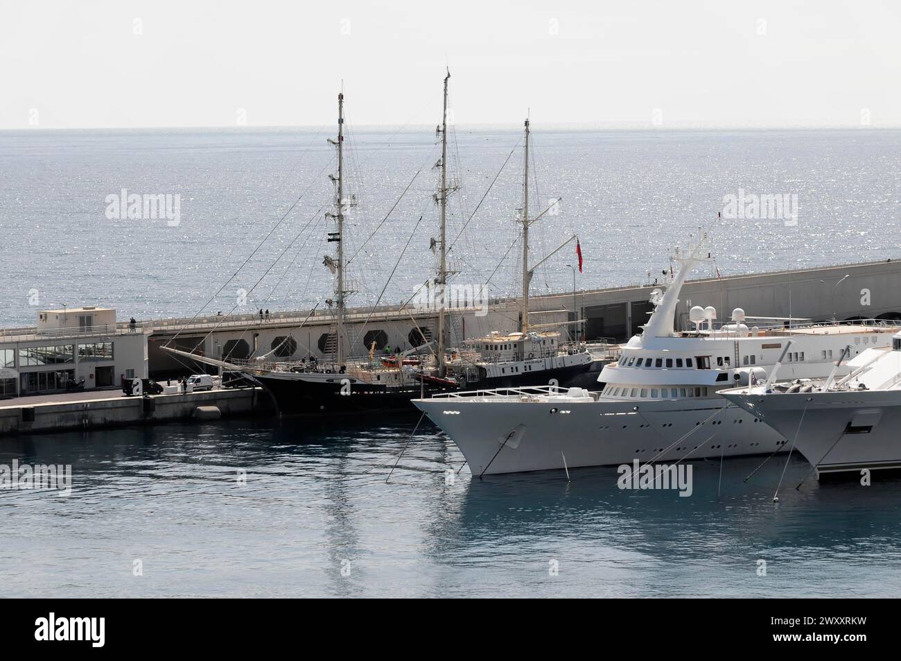 Monte Carlo harbour, Large sailing ship and yachts dock in the harbour ...