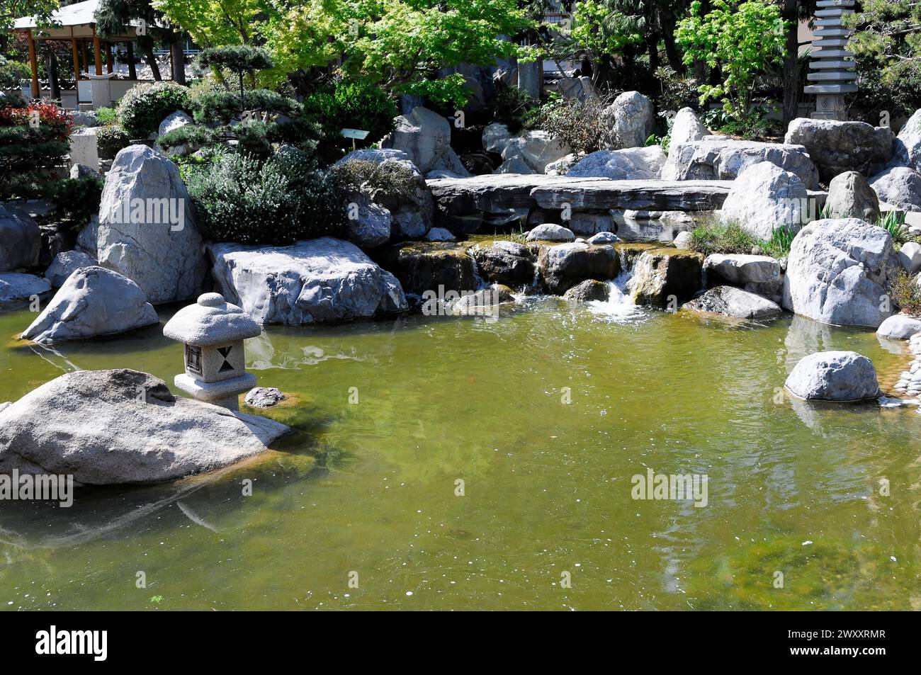 A tranquil Japanese garden with a watercourse, rocks and a traditional lantern, Monte Carlo ...