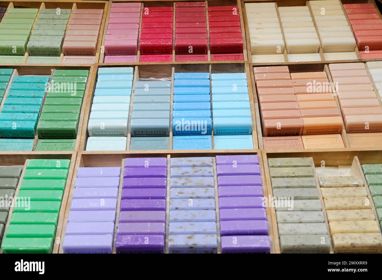 A display with neatly arranged, colourful bars of soap, Nice, Cote d ...