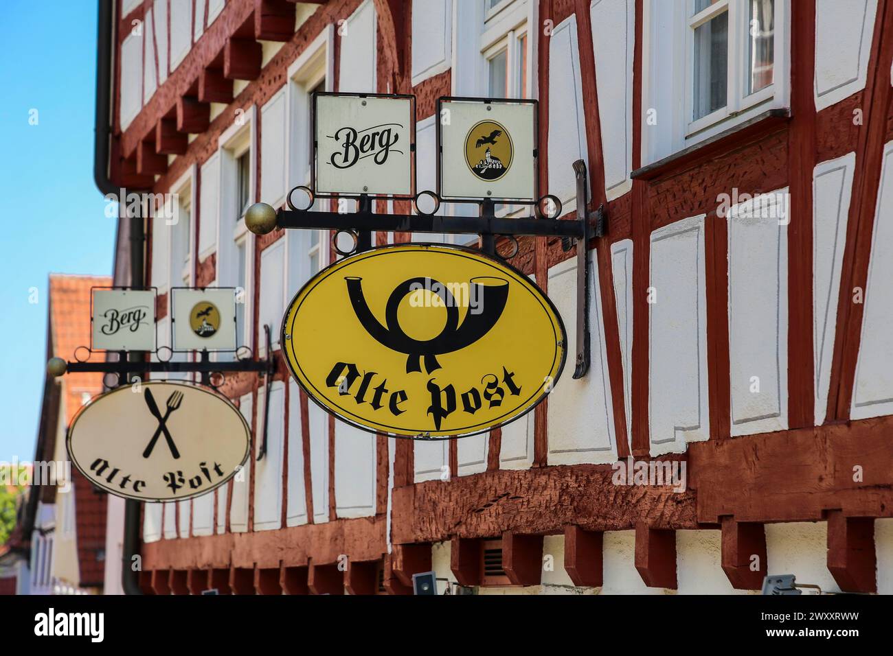 Inn sign, Alte Post restaurant, restaurant, building, window, half ...