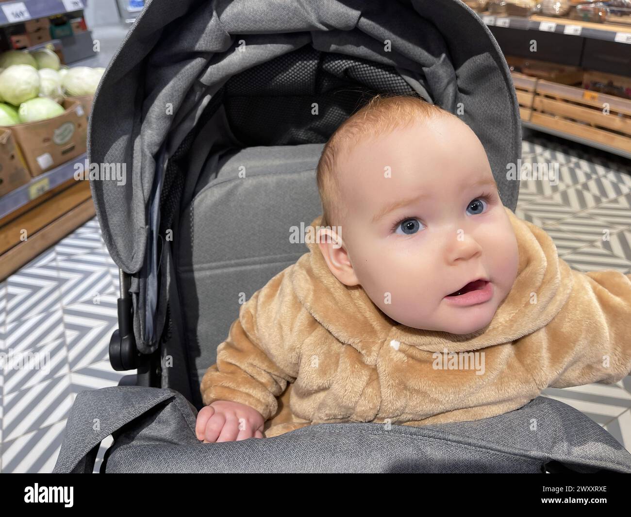 Curious Baby in a Stroller in Supermarket Stock Photo - Alamy
