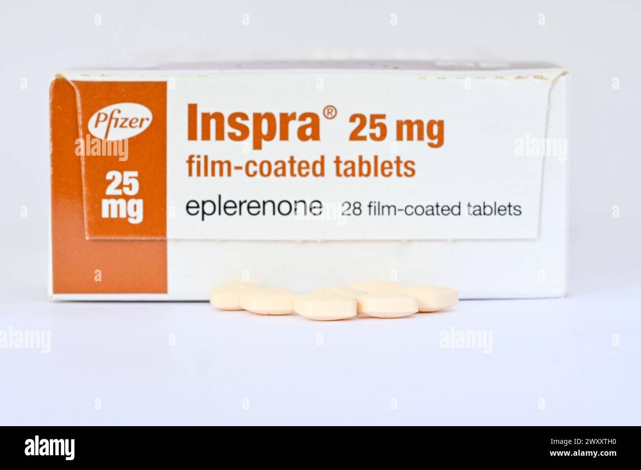 Eplerenone cardiology drug. Box containing tablets of eplerenone ...