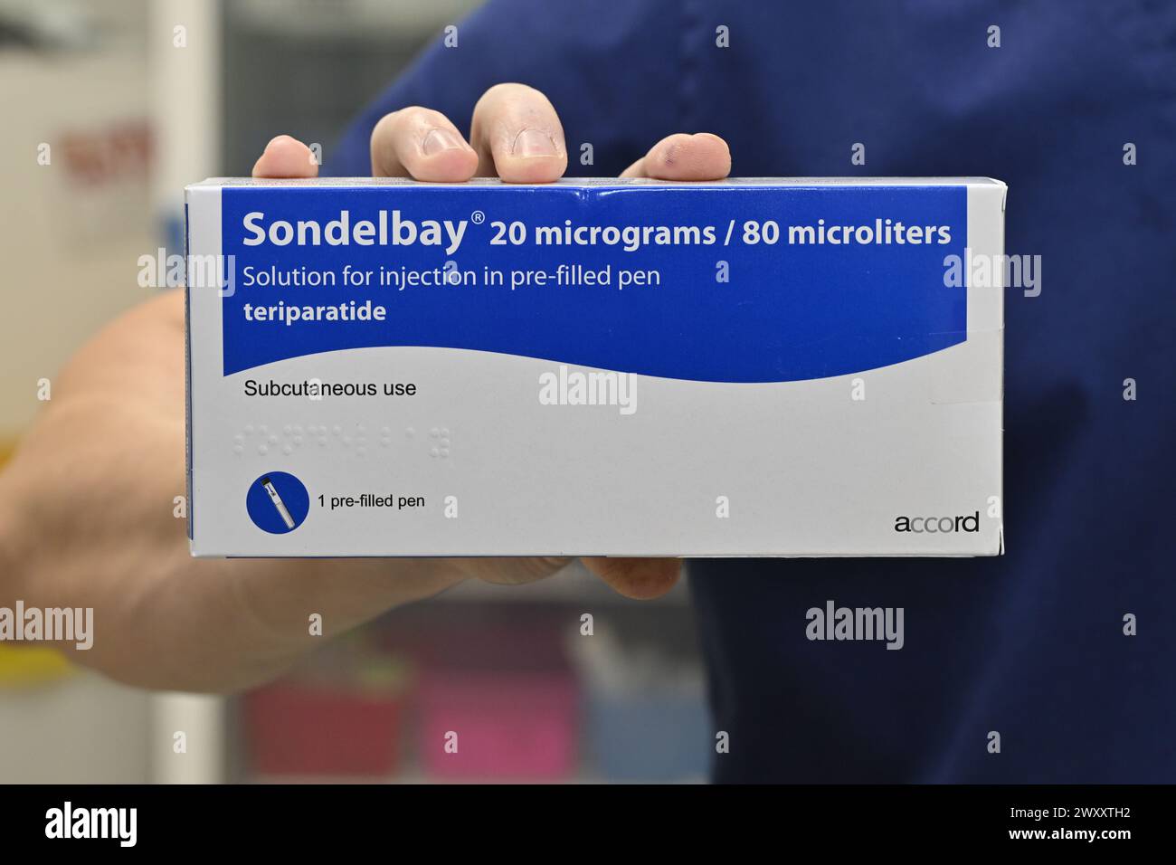 Sondelbay osteoporosis drug. It comes in pre-filled pens as a solution ...