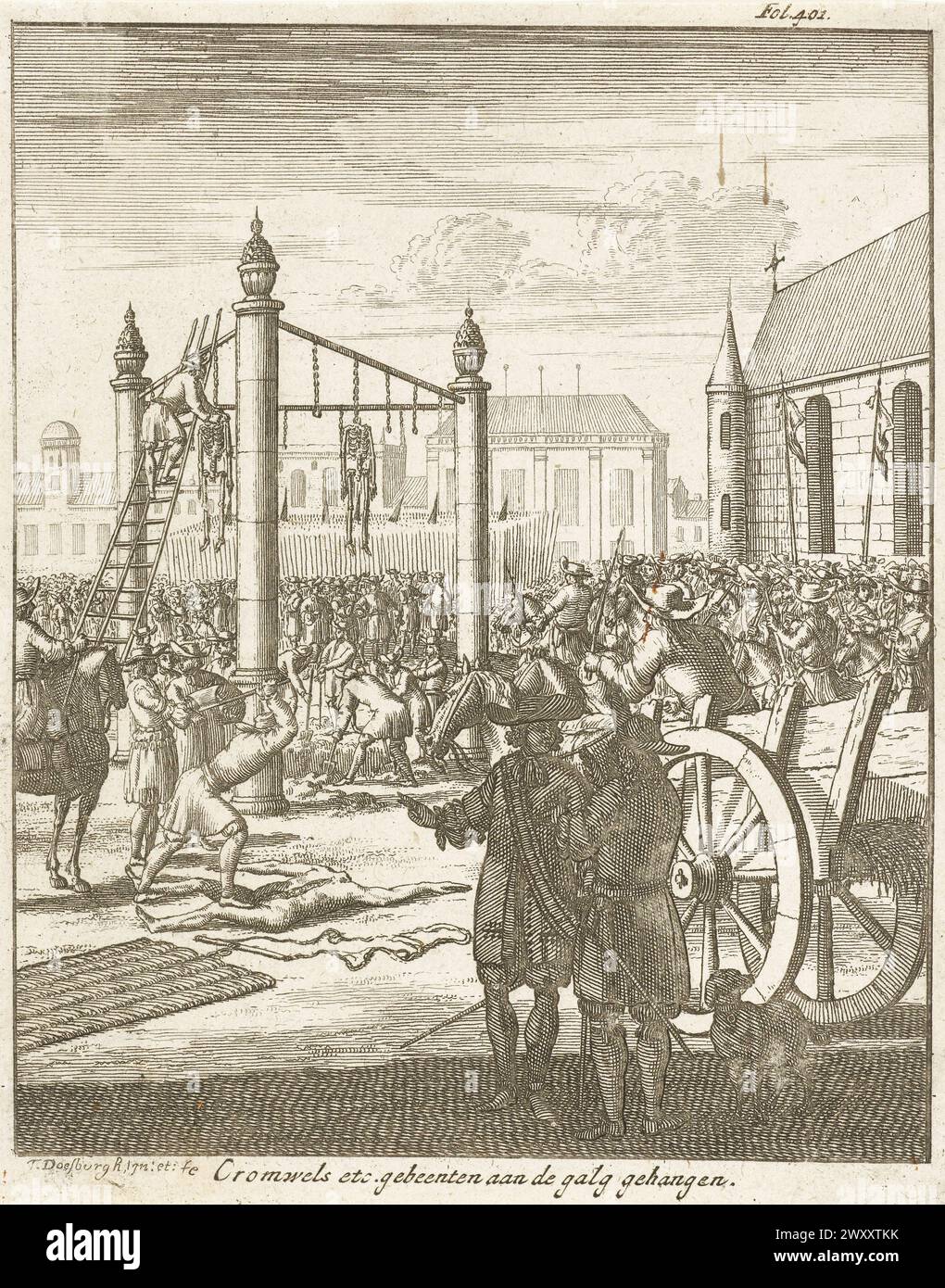 Artwork depicting the corpse of Oliver Cromwell being posthumously ...