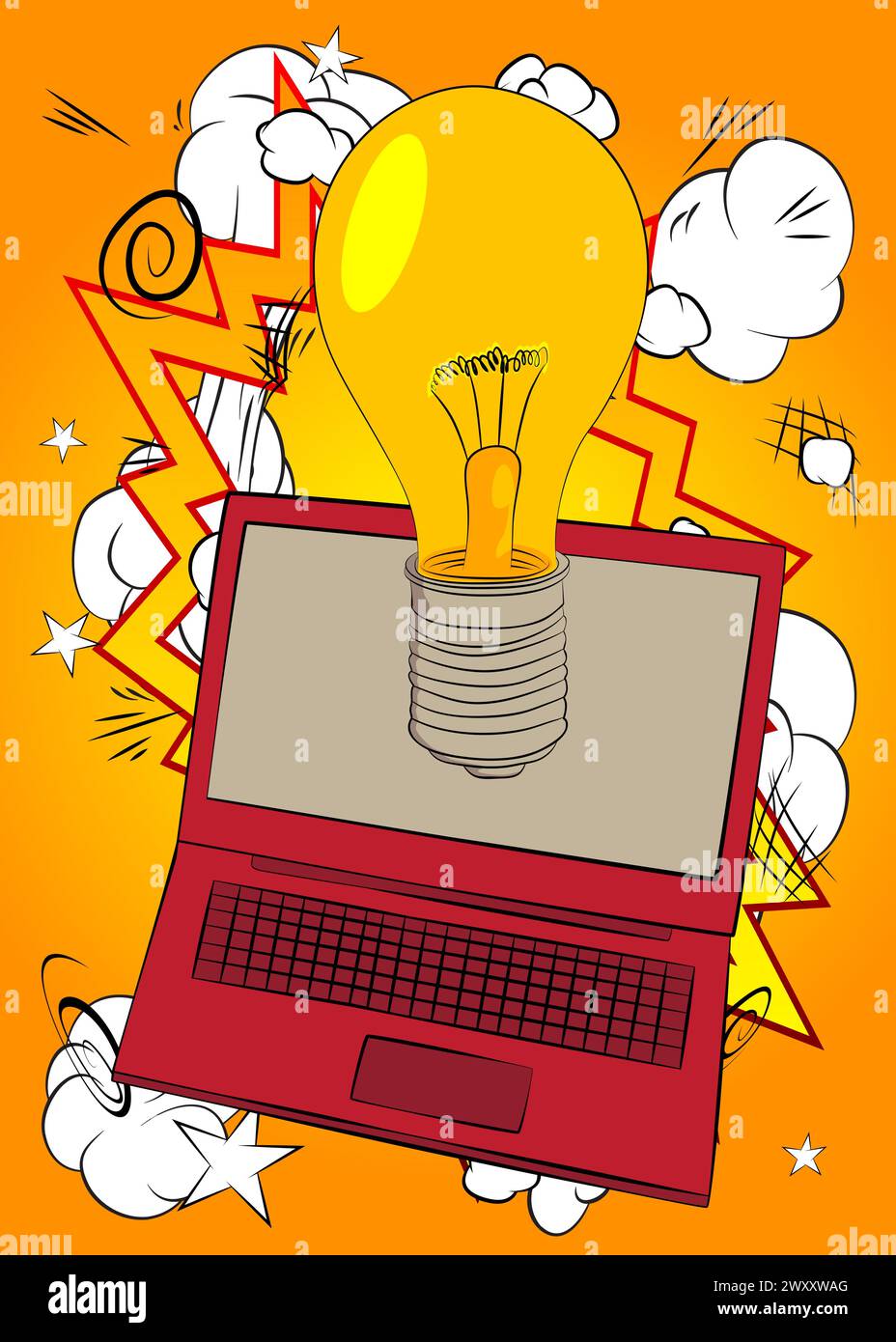 Cartoon Laptop, comic book Notebook with Light Bulb. Retro vector ...