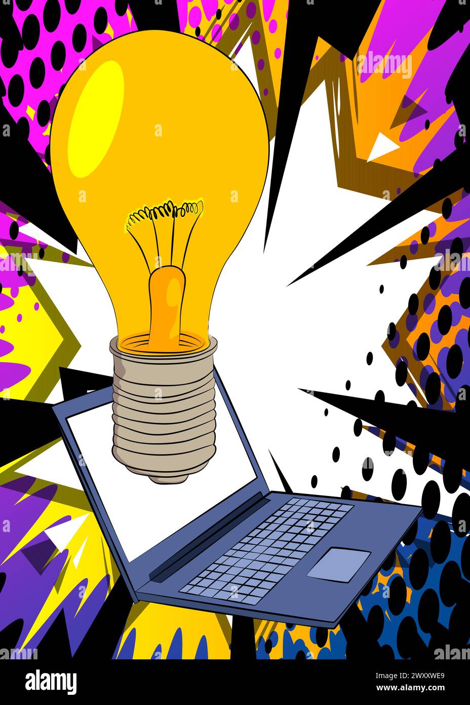 Cartoon Laptop, comic book Notebook with Light Bulb. Retro vector ...