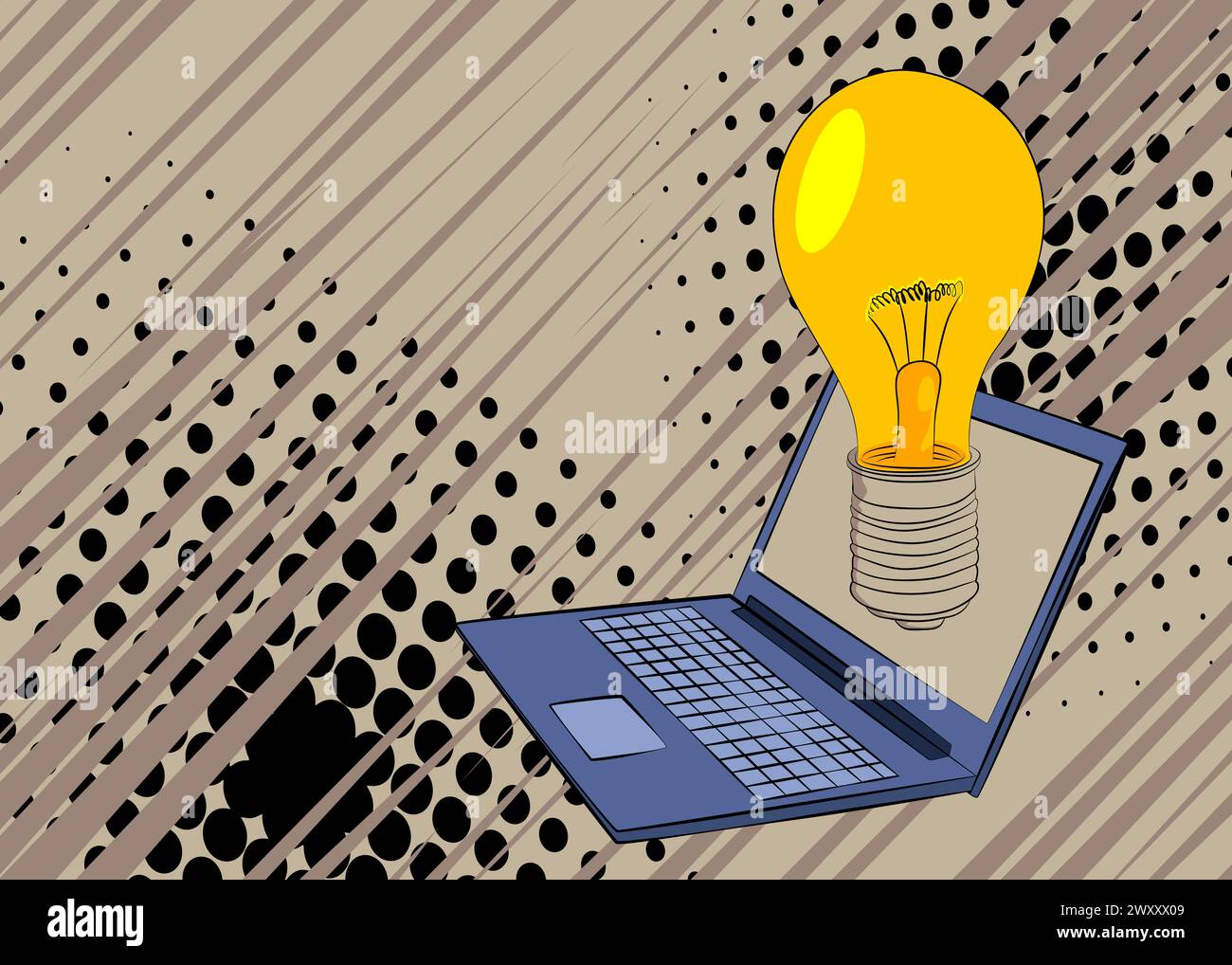 Cartoon Laptop, comic book Notebook with Light Bulb. Retro vector ...