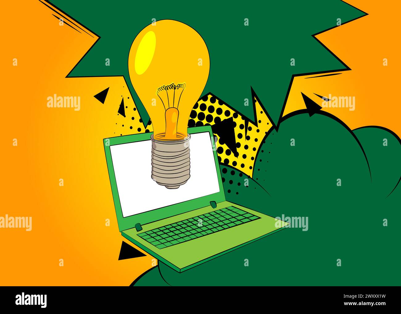 Cartoon Laptop, comic book Notebook with Light Bulb. Retro vector ...