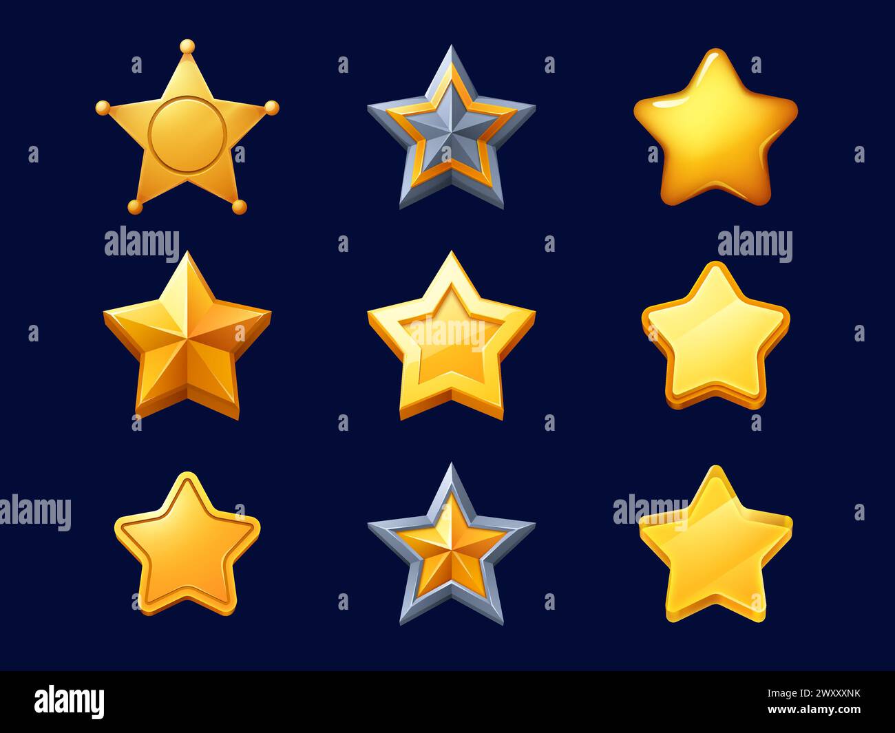 Game rank golden stars, cartoon icons denoting player success ...