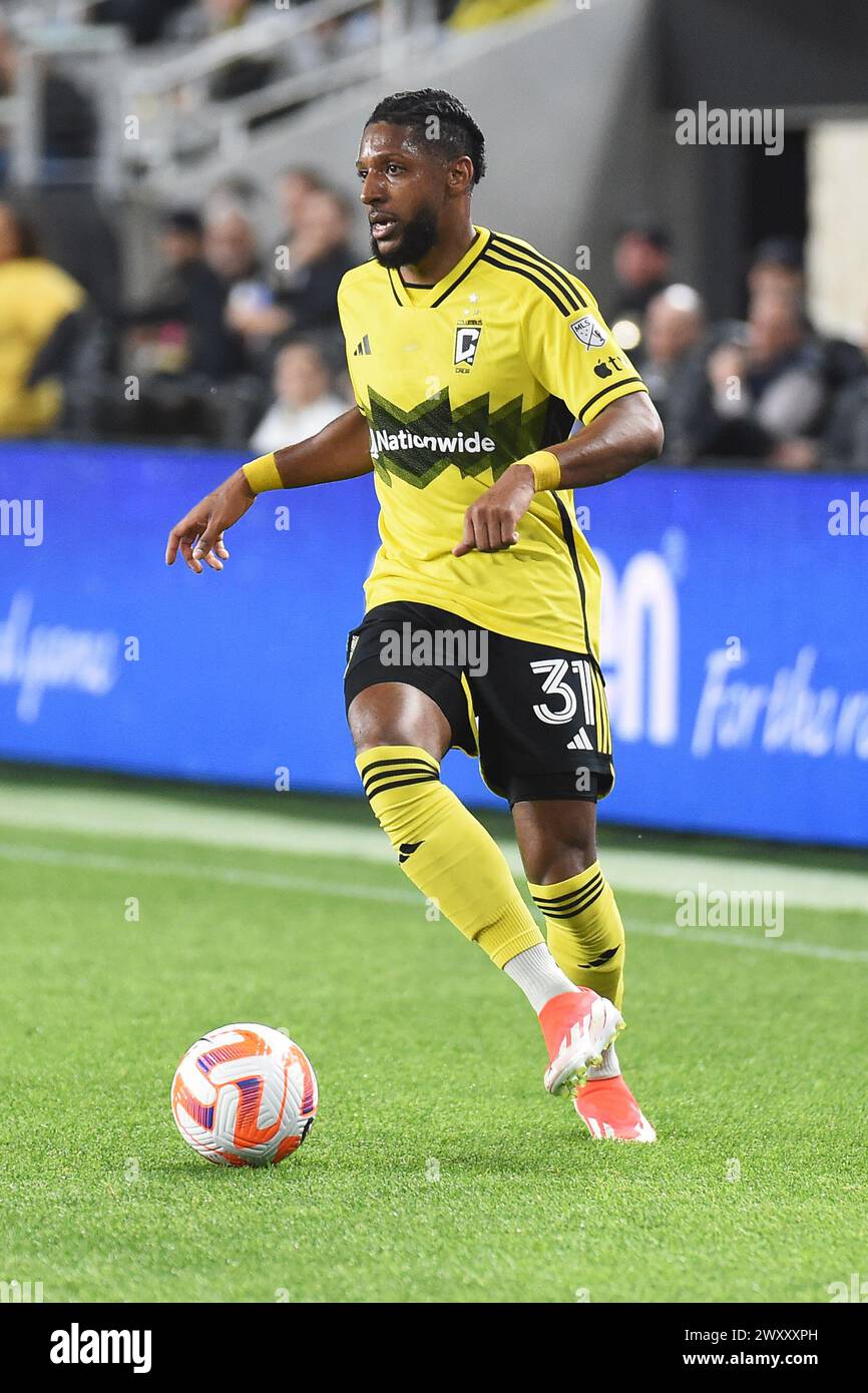 April 2, 2024:Columbus Crew defender Steven Moreira (31) handles the ...