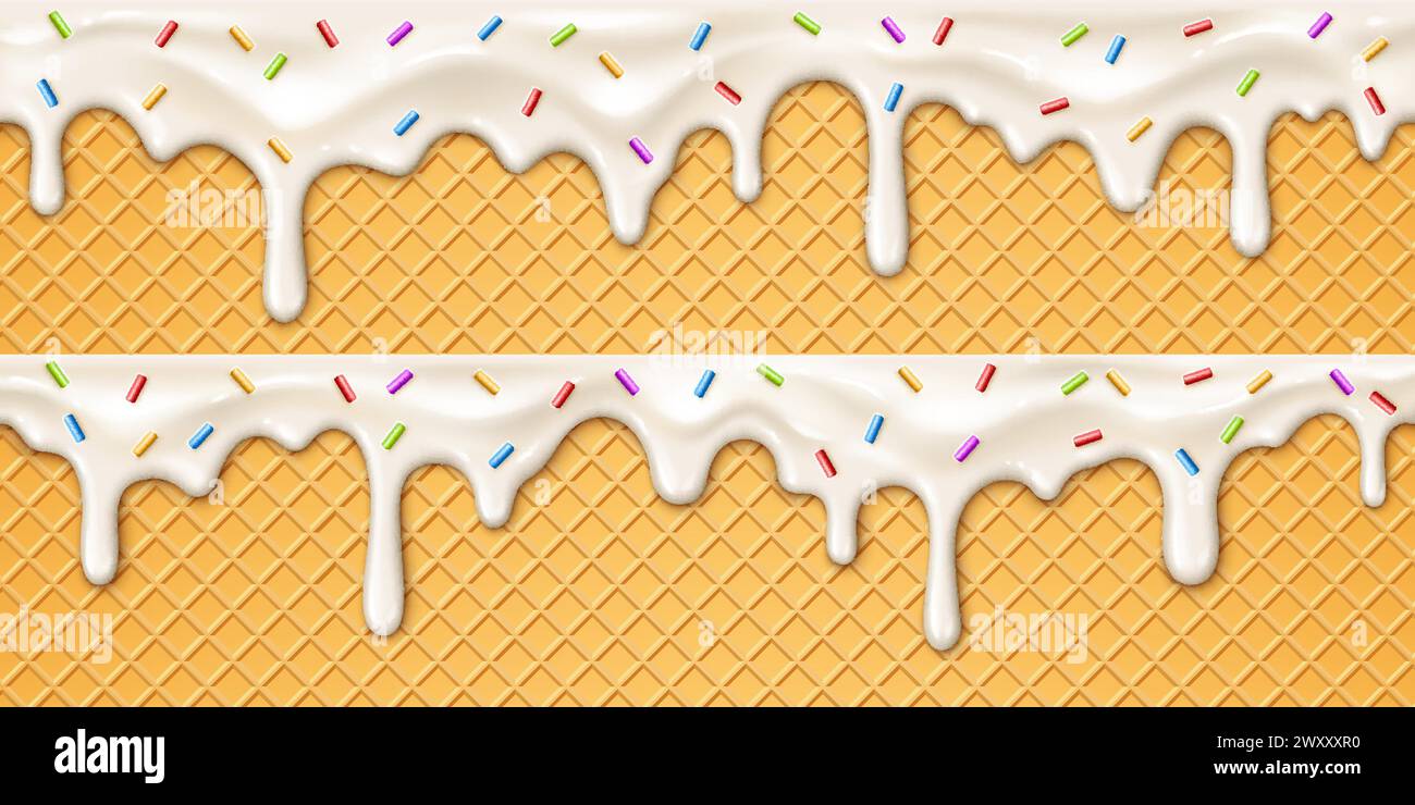 Realistic ice cream melting drip with candy sprinkles on wafer ...
