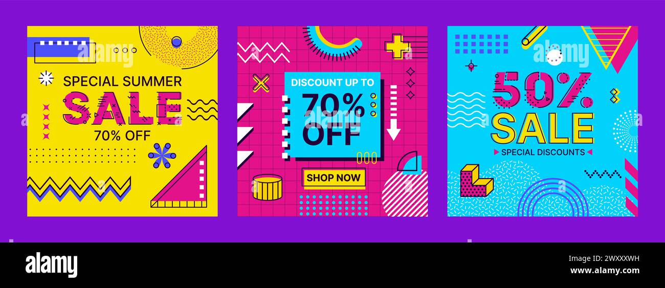 Summer sale banners, abstract Memphis geometric shapes pattern. Vector ...