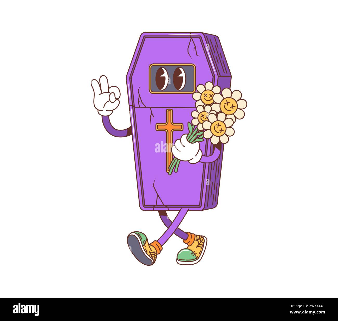 Cartoon retro groovy Halloween coffin or casket character. Isolated ...