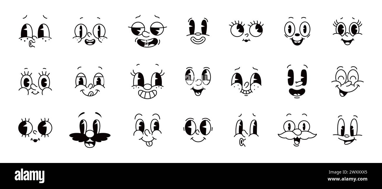 Cartoon comic groovy face emotions vector set, featuring lively ...