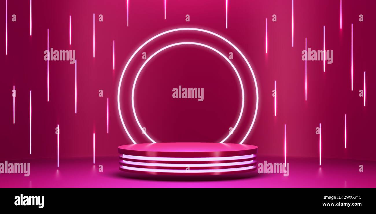 3d pink neon light product podium stage with glowing lights and ring ...