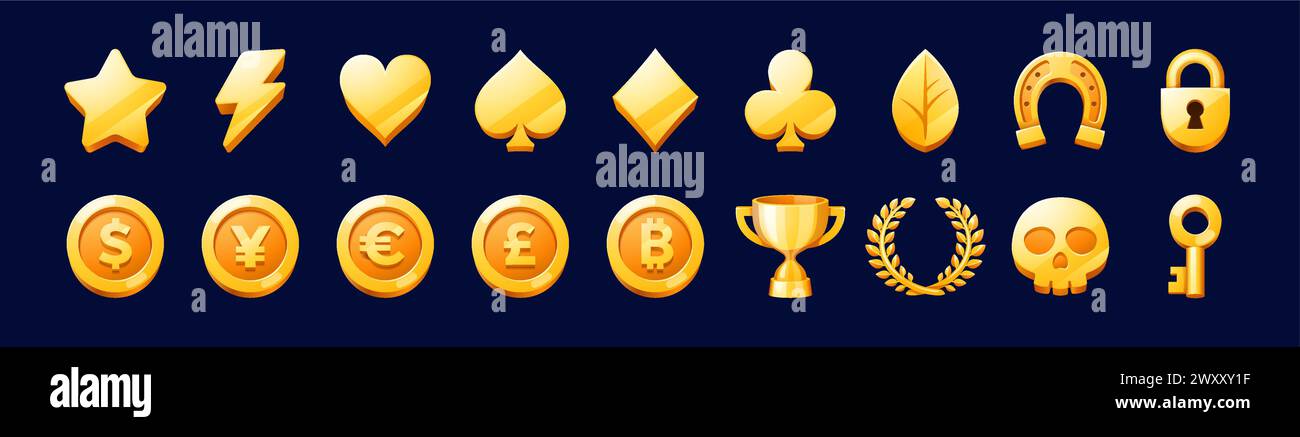Golden icons game asset. Vector set of gold star, lightning bolt, heart ...