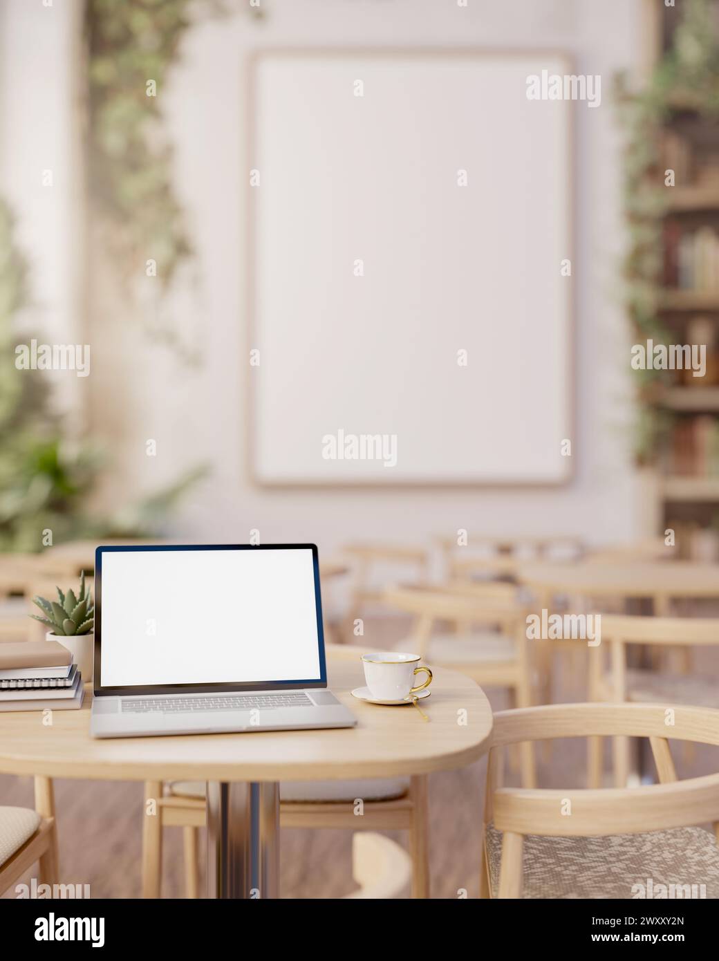 A white-screen laptop computer mockup on a wooden table in a beautiful ...