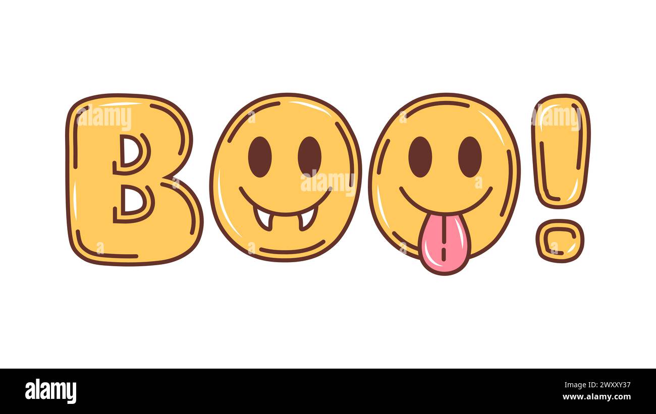 Cartoon retro groovy Halloween word boo with monster character smiling ...