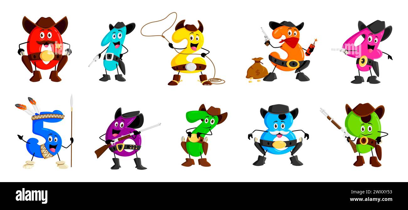 Cartoon math numbers, cowboy and ranger, sheriff and Indian chief ...