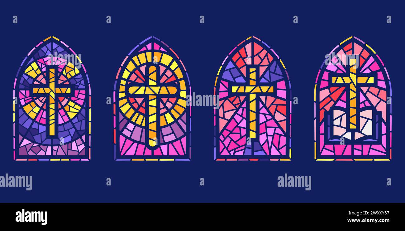 Church glass windows. Stained mosaic catholic and christian frames with ...
