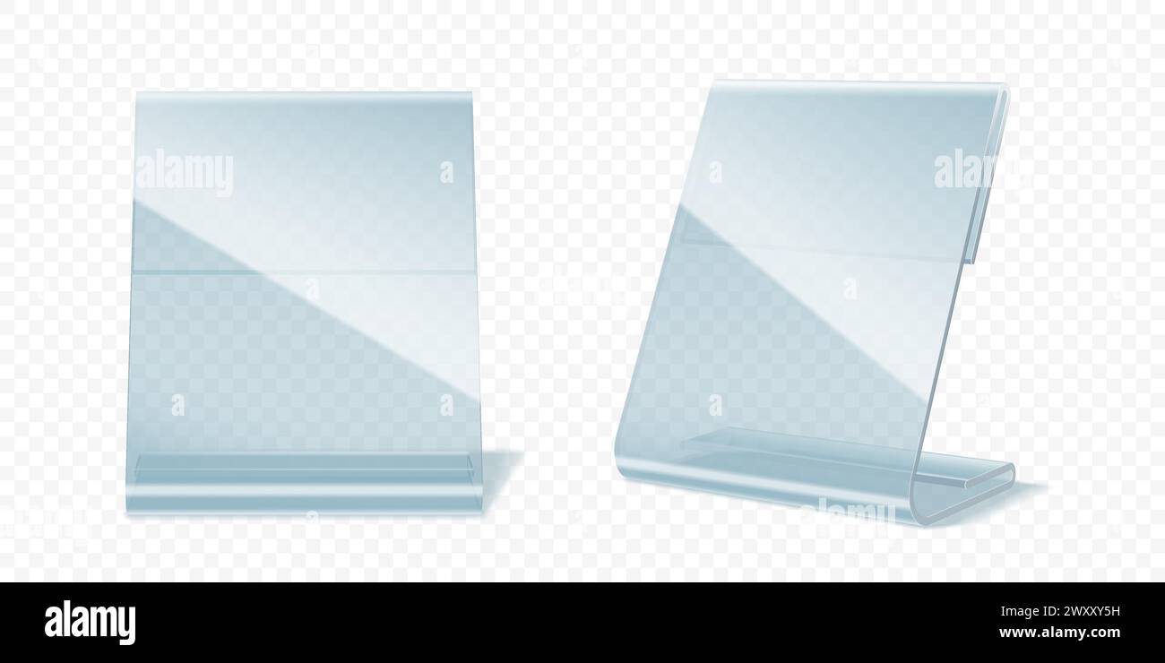 Table display stand, plastic or plexiglass holder for paper, price, card or menu isolated 3d ...
