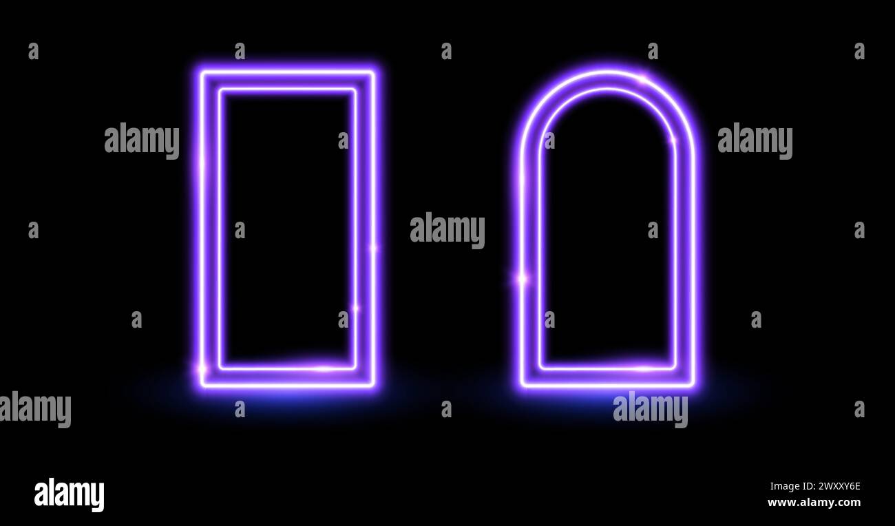 Glow neon rectangle and arch frames. Purple shining borders. Neon light ...