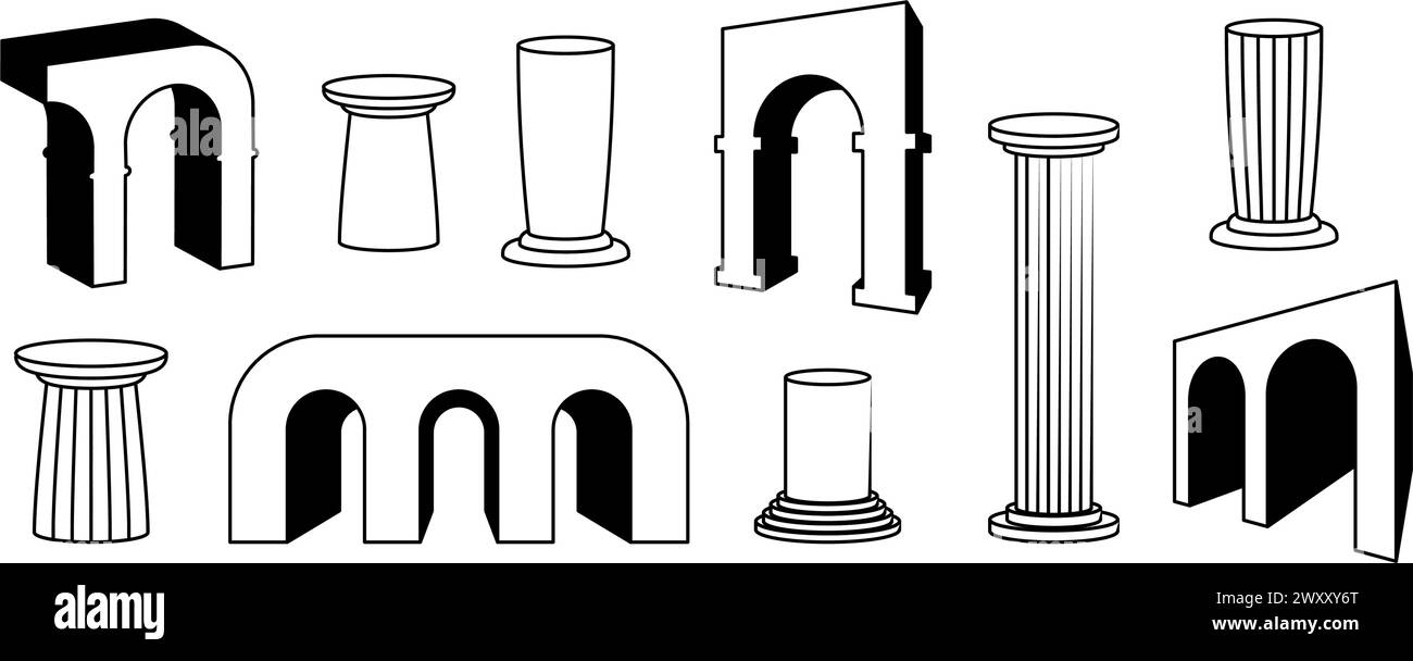 Outline arches and columns collection. Linear surreal greek element set ...