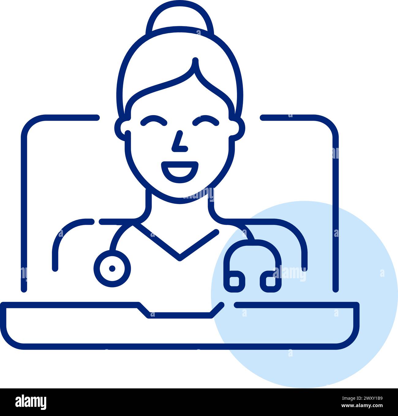 Telemedicine icon. Female doctor with stethoscope on laptop video call ...