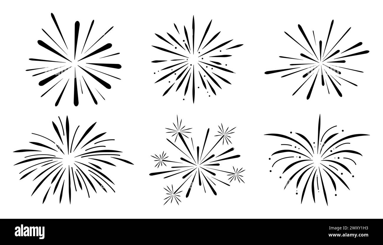 Set fireworks doodle line explosion radial sparkler with rays, hand ...