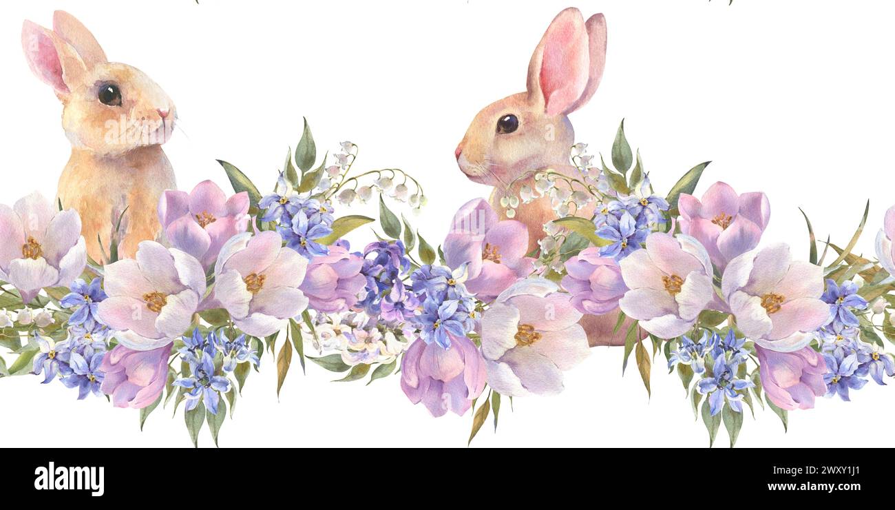 Watercolor seamless bordure with little peach rabbits is sitting in the ...