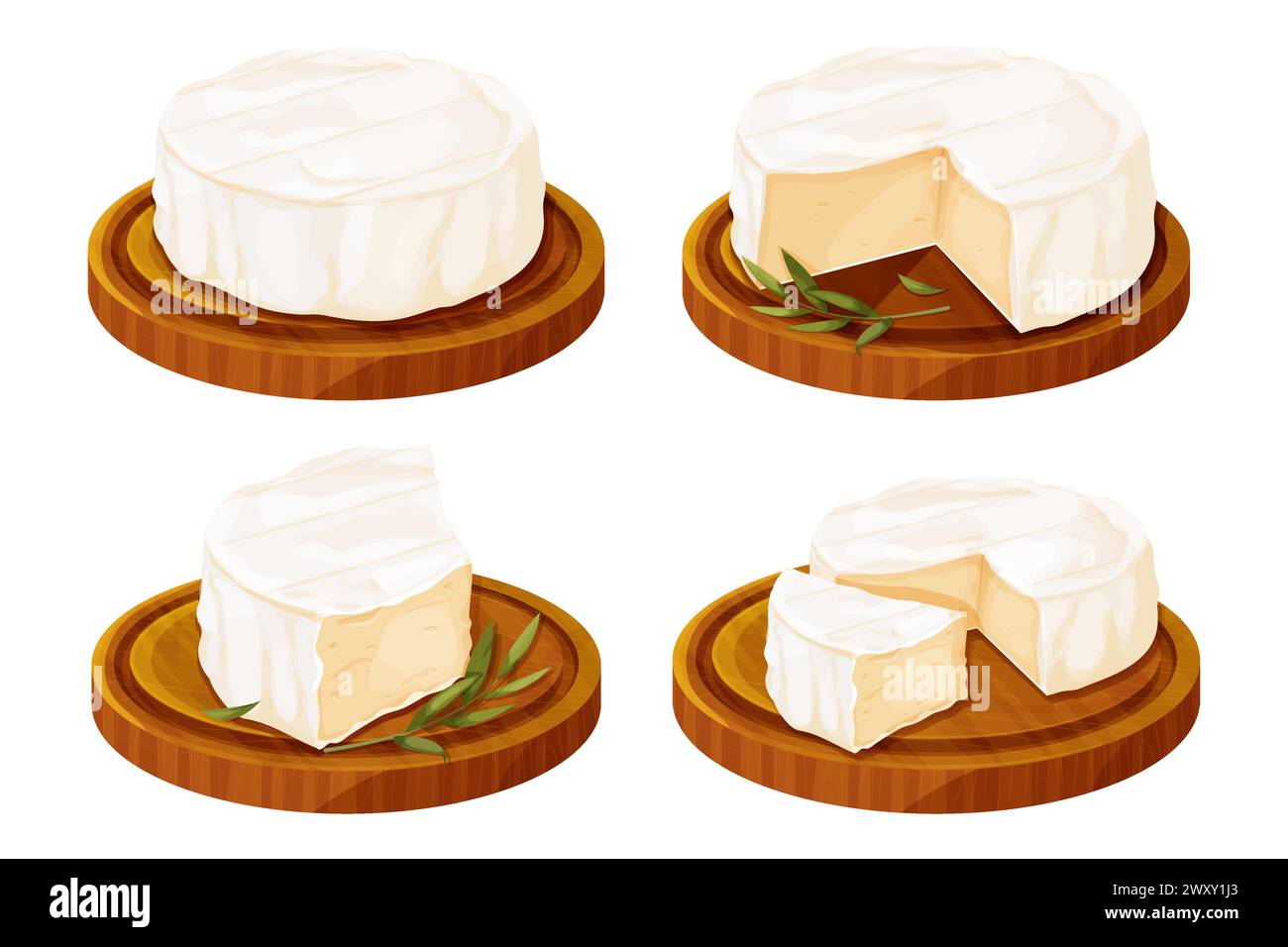Set Camembert cheese, brie french soft creamy food on wooden tray with ...