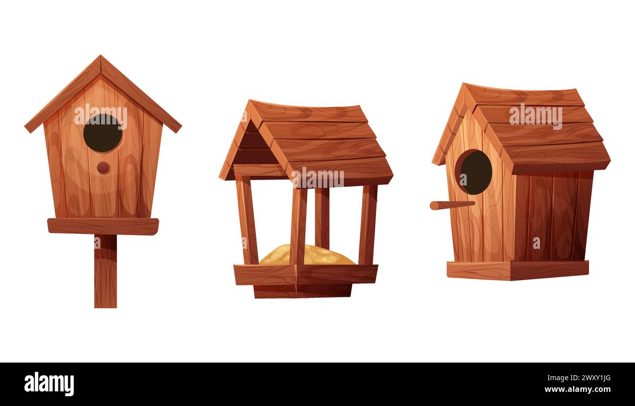 Set Wooden Bird Feeder And Bird House With Roof Hole And Seeds Isolated On White Background