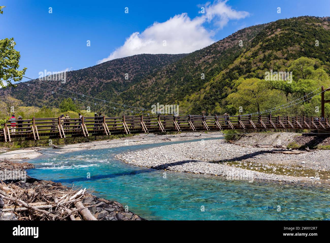 Myojin bridge over the Azusa river in the Kamikochi hiking area of ...