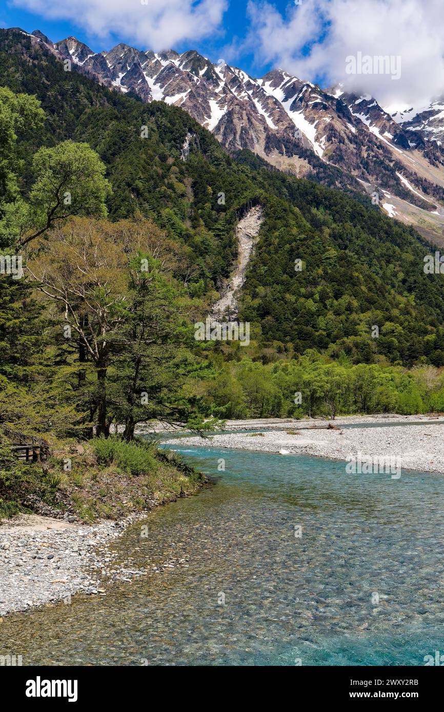 Fast flowing clear river running through a forest and mountains Stock ...