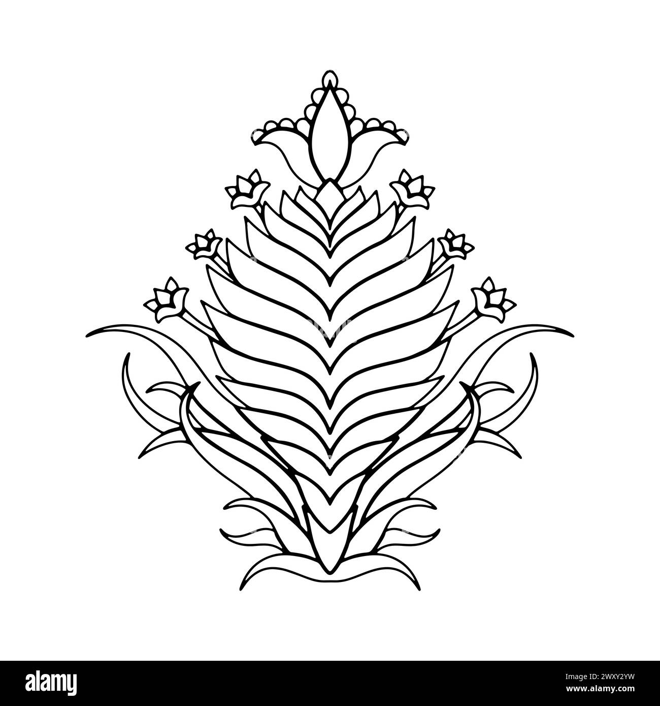 Hand drawn monochrome black and white floral Damask motif isolated on ...