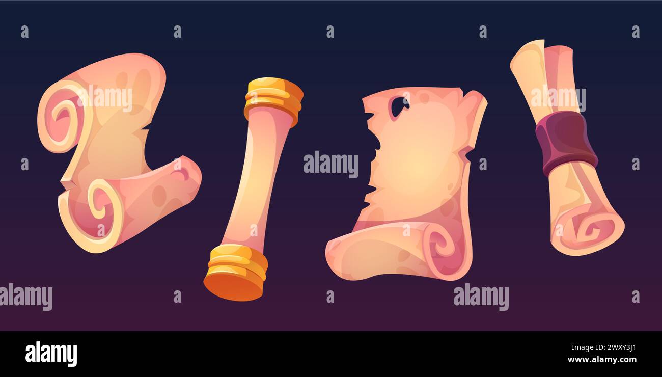 Parchment scroll for game ui design. Cartoon vector illustration set of rolled empty old papyrus ...