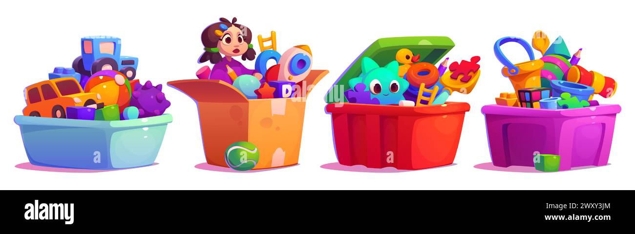 Kid box with doll, ball and child car cartoon. Full gift chest ...