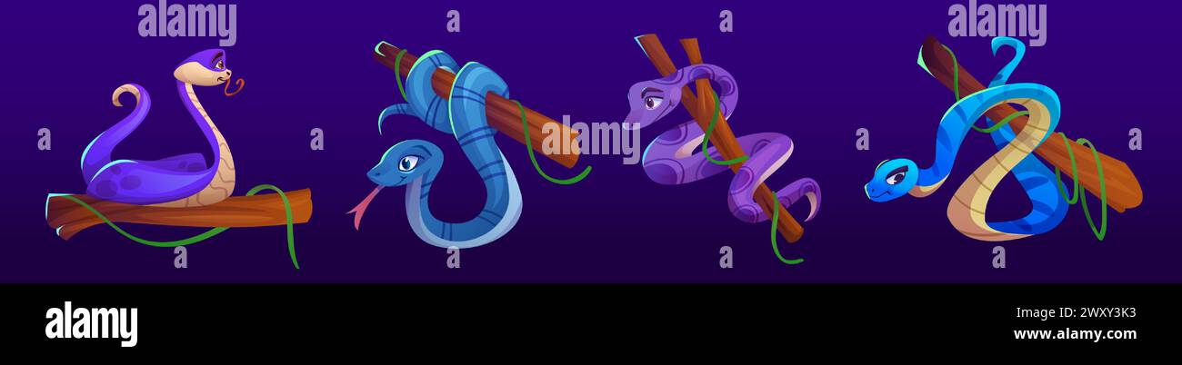 Snake on tree branch for jungle landscape or game ui design. Vector ...