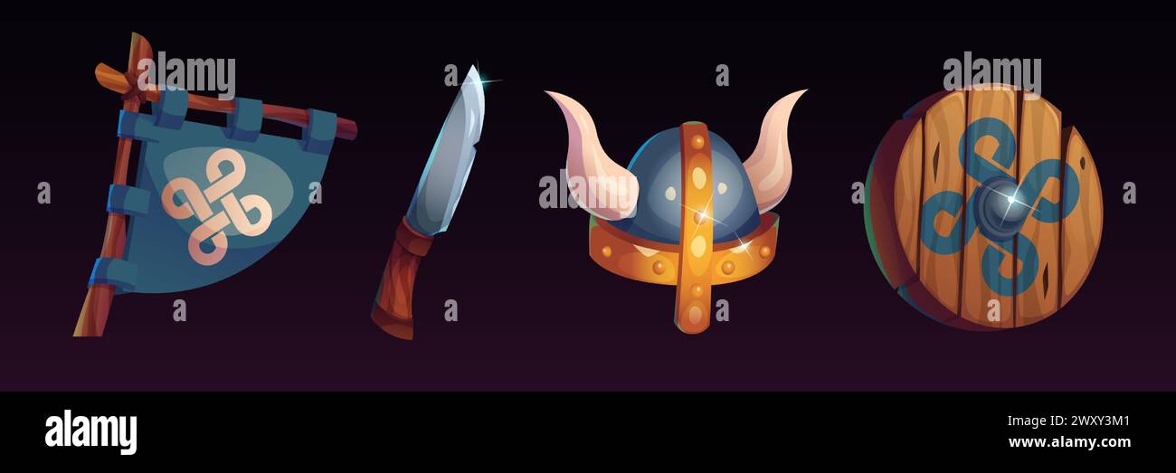 Viking cartoon game ui icons. Vector illustration set of magic medieval warrior weapon and ...