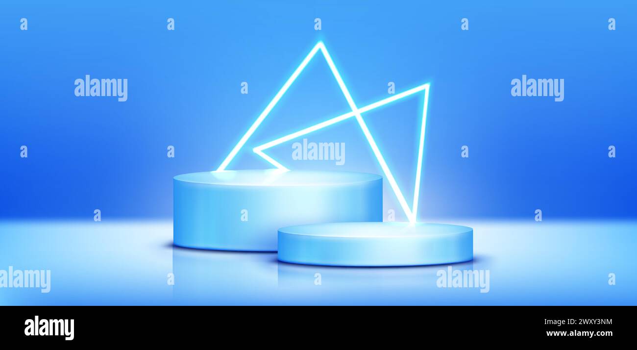 Cylinder two steps product podium with decorative triangle neon ...