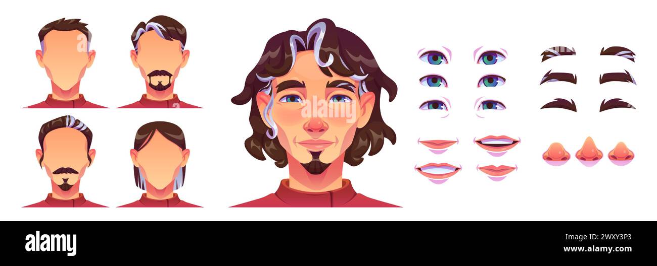 Male face constructor set isolated on white background. Vector cartoon ...