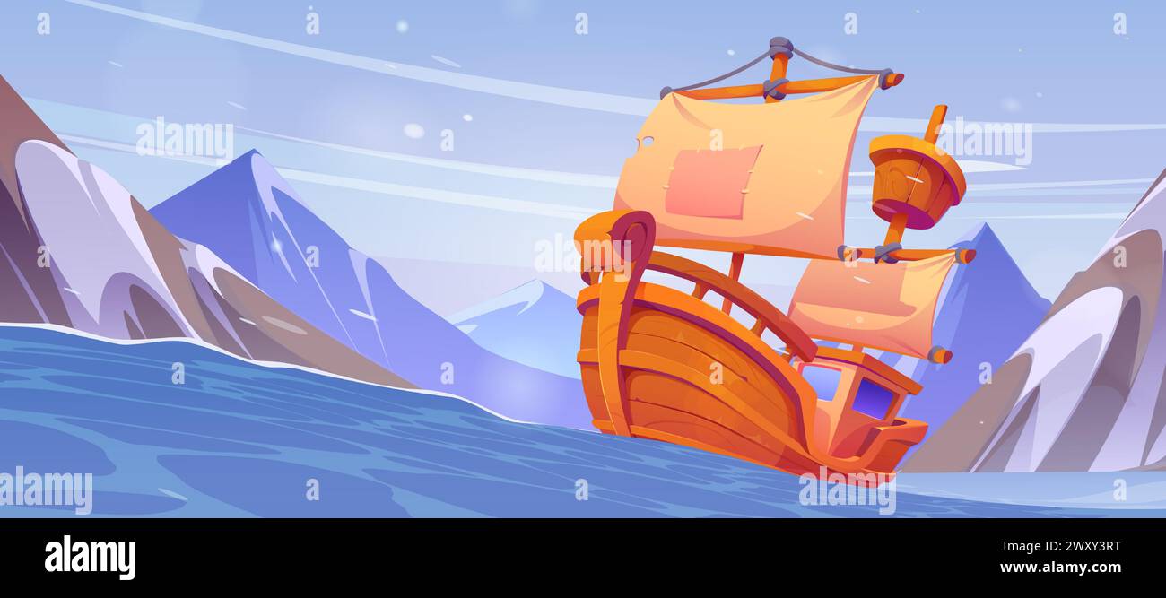 Old wooden sailboat floating in sea, snowy rocky mountains on horizon ...